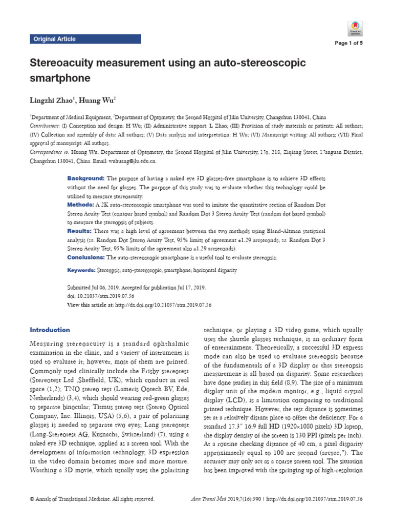 Stereoacuity Measurement Using An Auto-Stereoscopic Smartphone | PDF | Stereoscopy | Visual Acuity