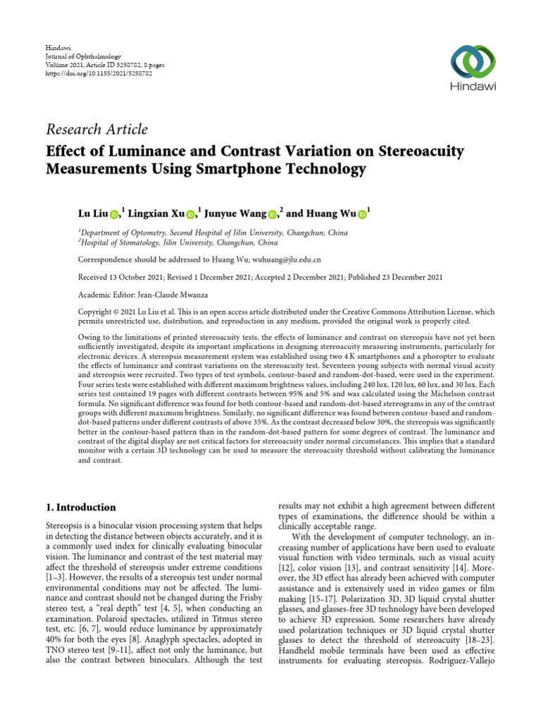 Effect of Luminance and Contrast Variation On Stereoacuity Measurements ...
