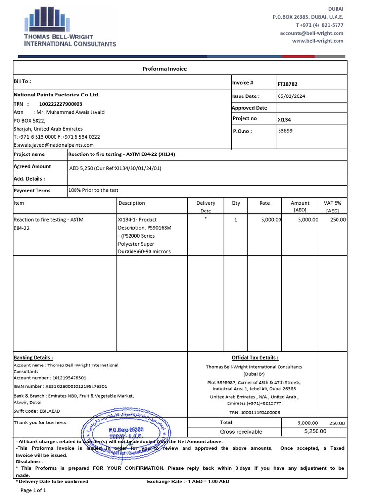 XI134_PI FT18782 | PDF | United Arab Emirates | Invoice
