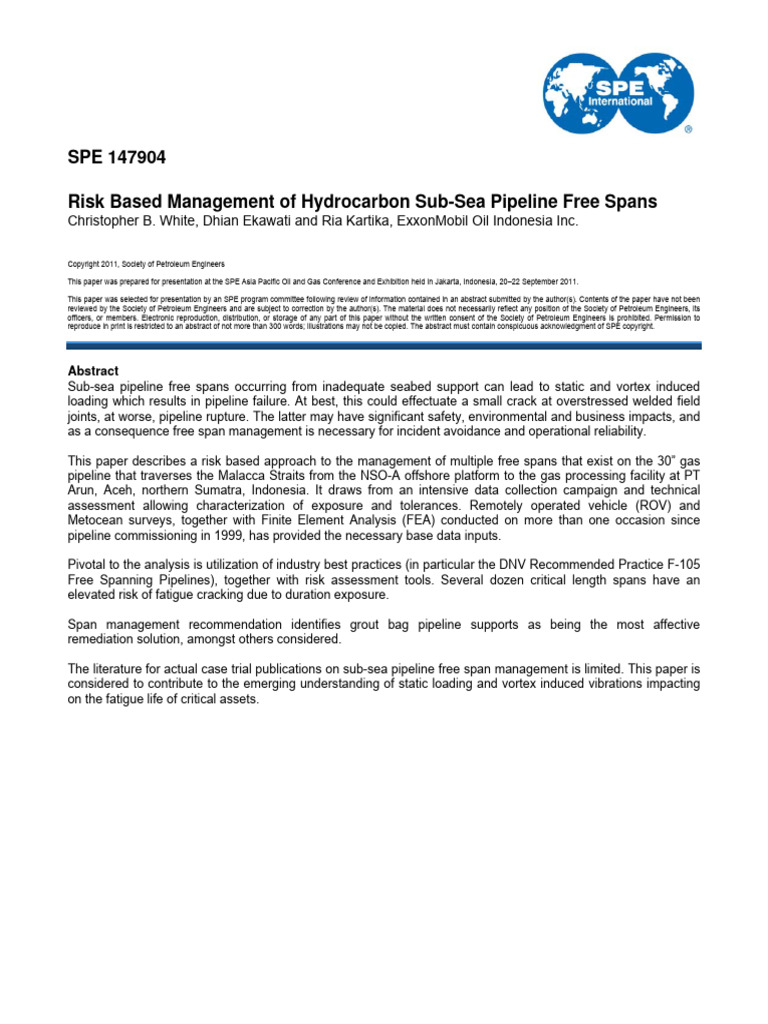 SPE 147904 Risk Based Management of Hydrocarbon Sub-Sea Pipeline Free ...