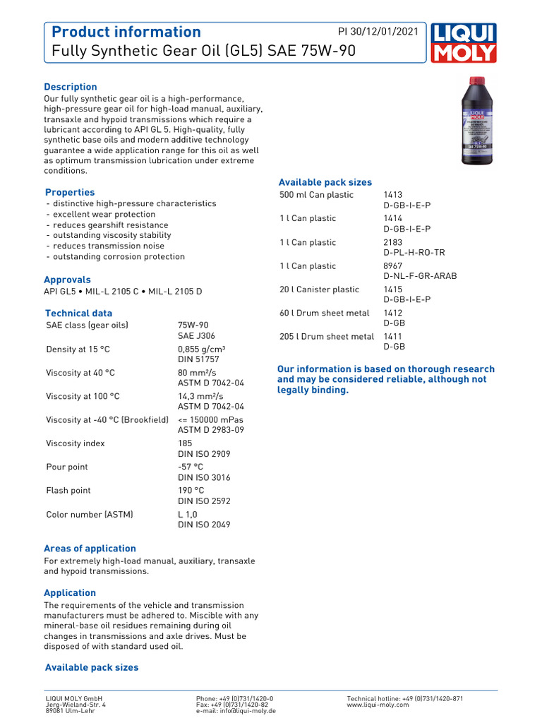 P000232 Fully Synthetic Gear Oil (GL5) SAE 75W 90 30 en GB | PDF ...