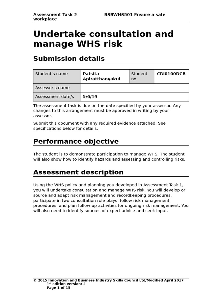 Undertake Consultation and Manage WHS Risk: Submission Details | PDF ...