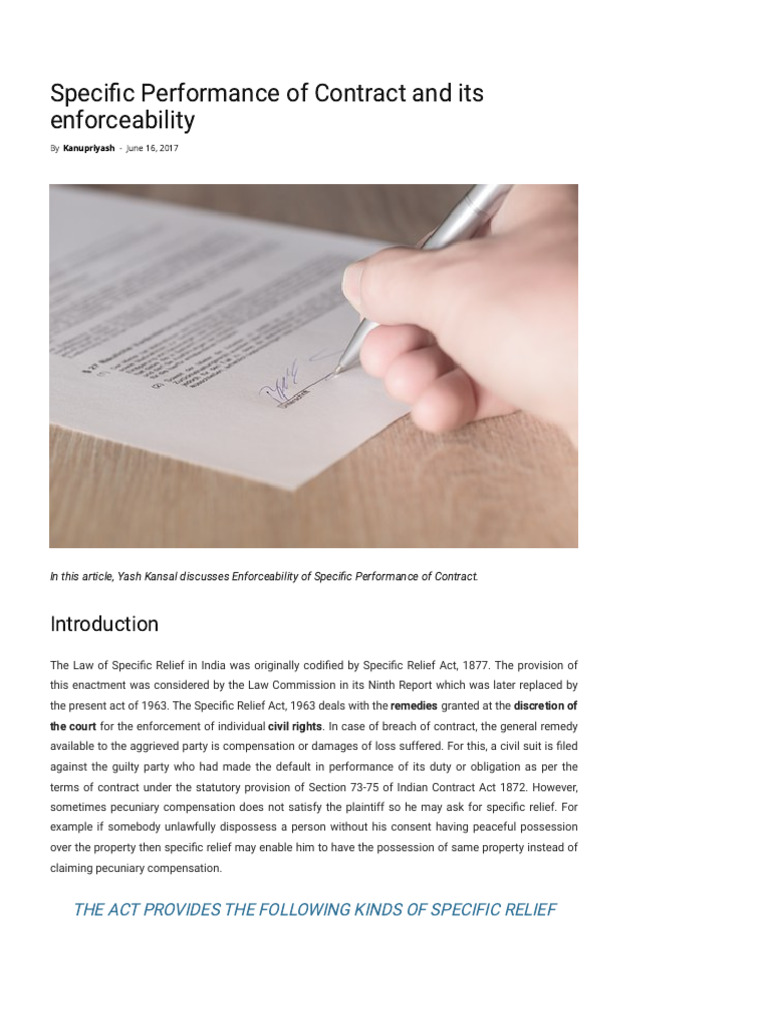 Specific Performance of Contract and Its Enforceability - Ipleaders ...