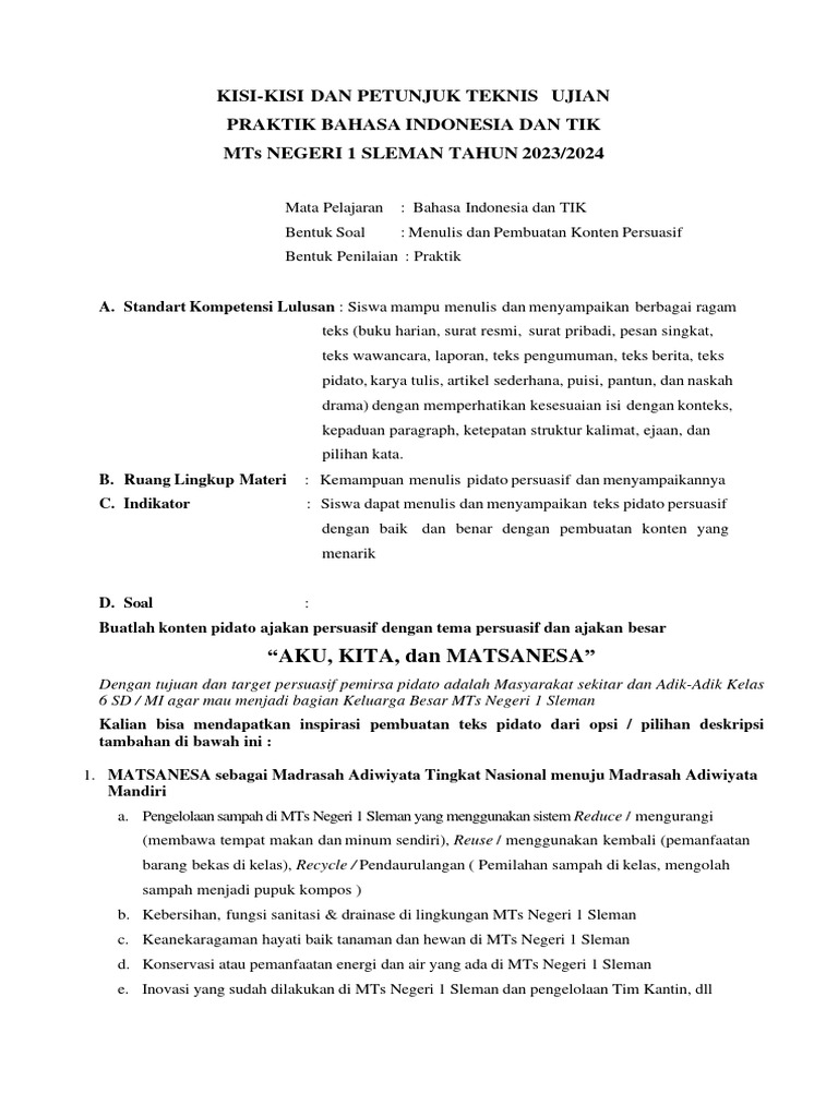 KISI-KISI UJIAN PRAKTIK B. INDO Dan TIK 2023-2024 | PDF