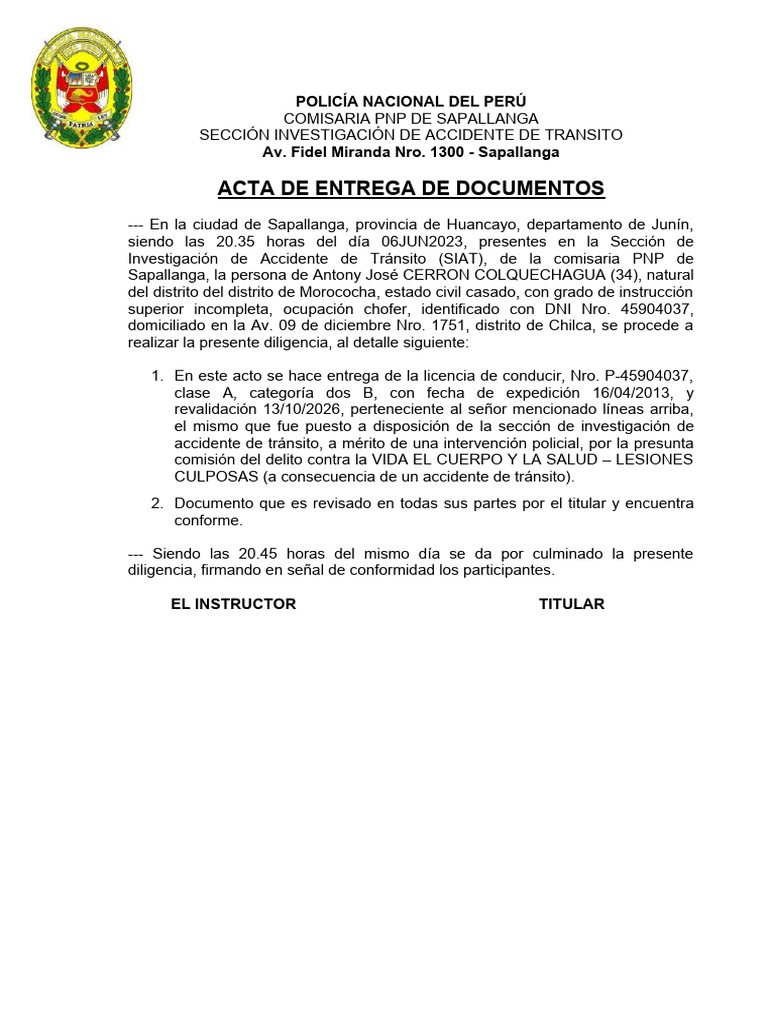 Acta de Entrega de Documentos PNP | PDF