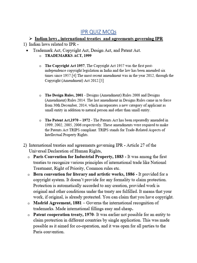 IPR - Quiz | PDF | Intellectual Property | Trips Agreement