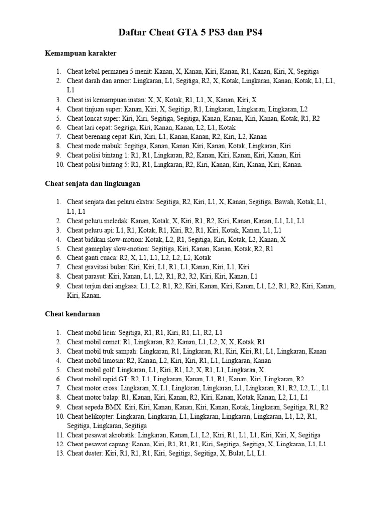 Daftar Cheat GTA 5 PS3 Dan PS4 | PDF | Olahraga & Rekreasi | Game & Aktivitas
