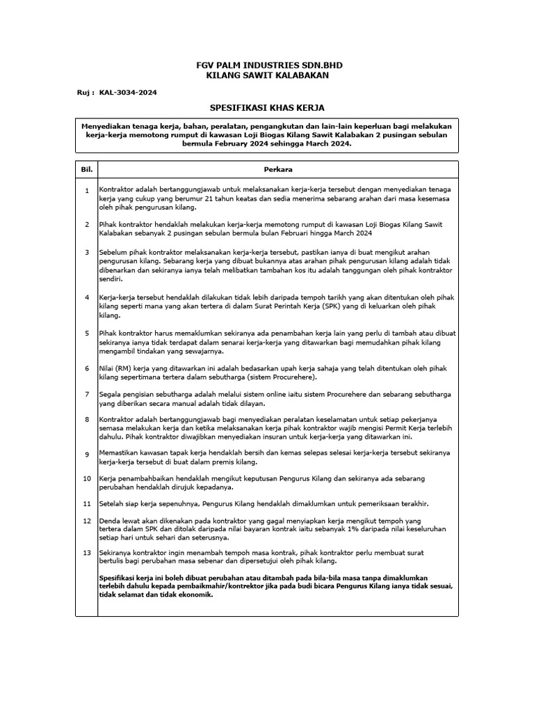 Spesifikasi Kerja Kal-3034-2024 | PDF