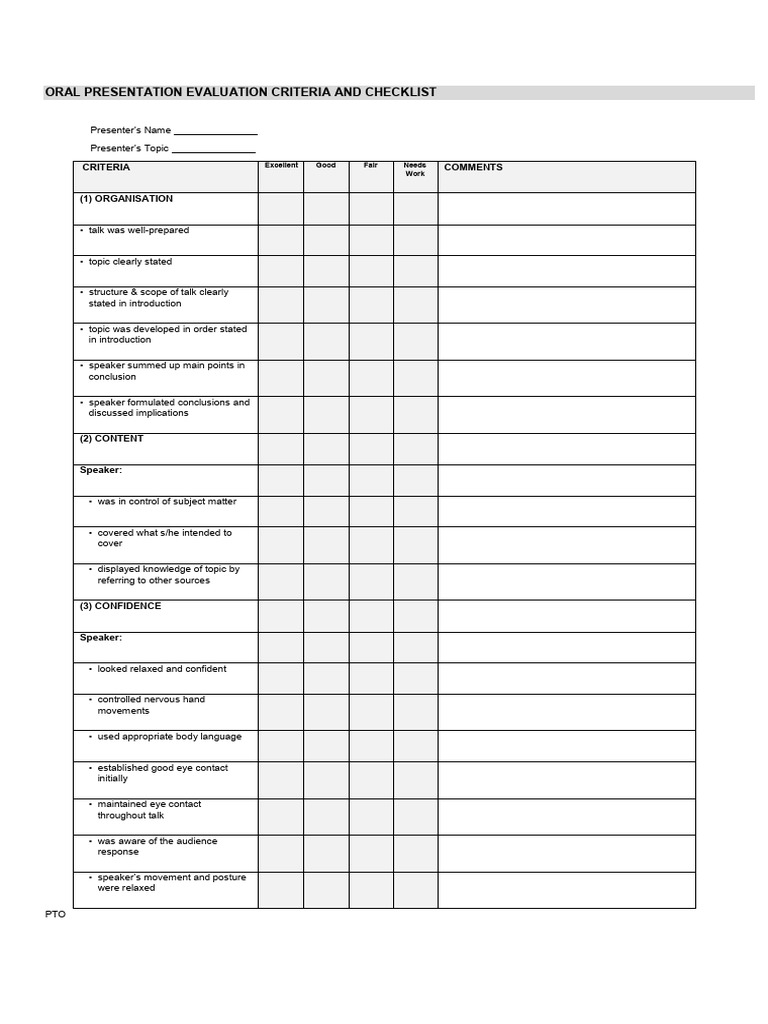 ORAL PRESENTATION EVALUATION CRITERIA AND CHECKLIST | PDF
