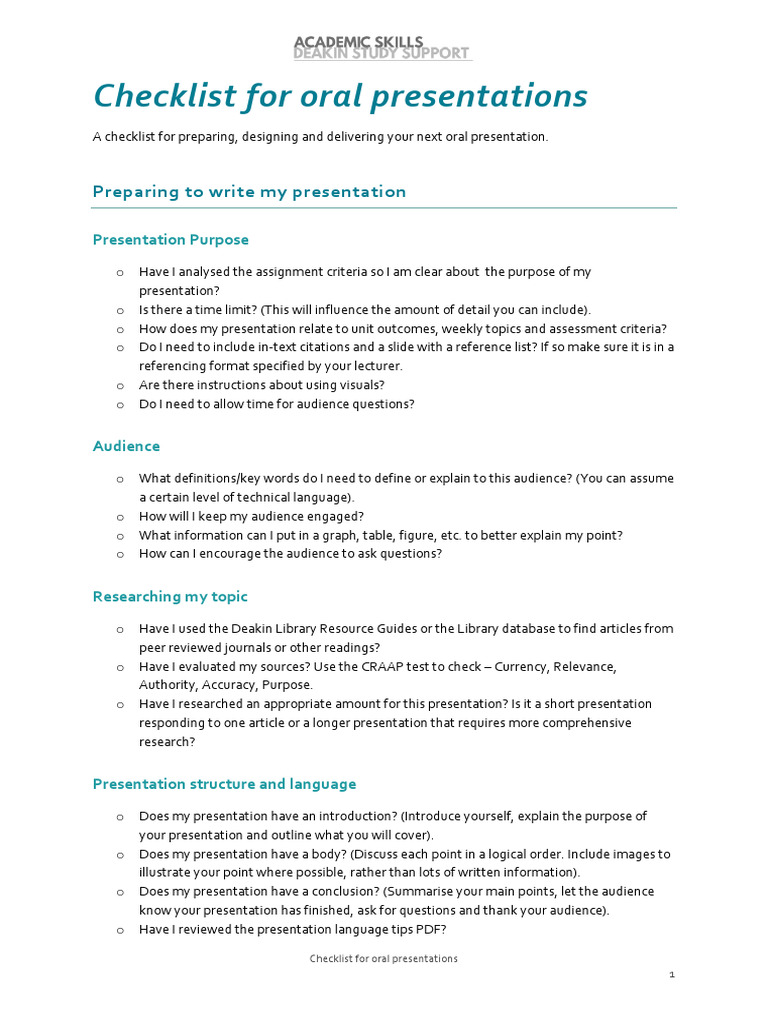 Checklist for Oral Presentation Deakin Study Support | PDF ...