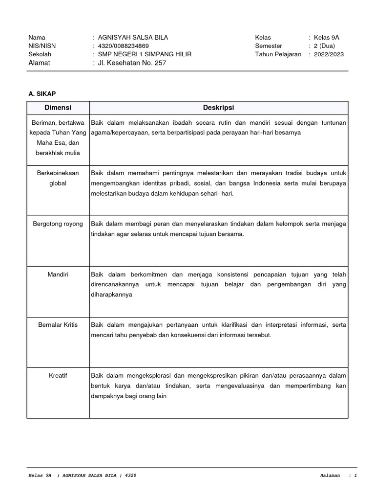 contoh rapor k13 Rapor_Kelas 9A_20222 | PDF