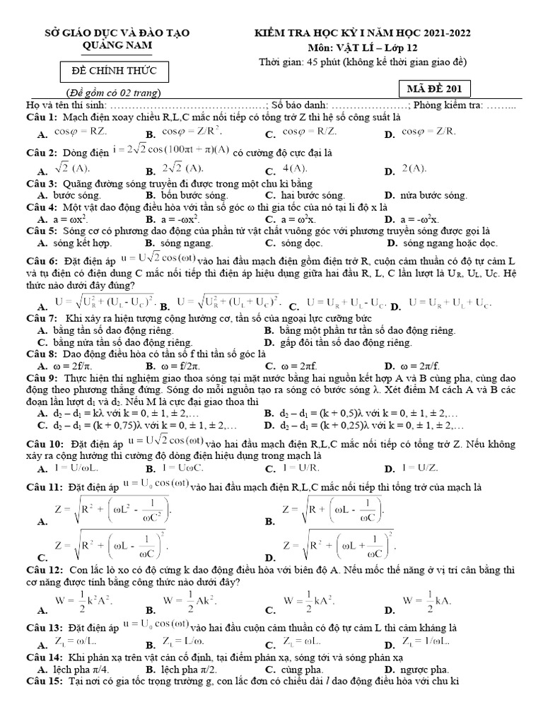 Thpt Núi Thành Quảng Nam Vl12 Kt Chk1 2021 2022 | PDF