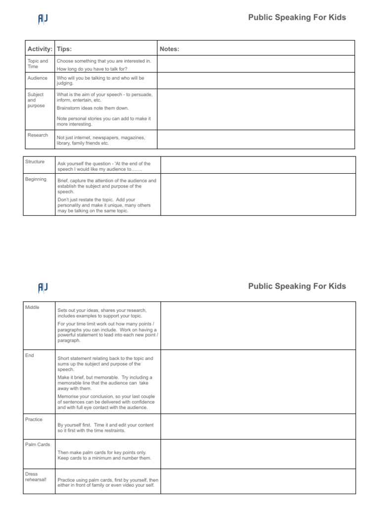 Public Speaking Guide For Kids Table | PDF | Career & Growth