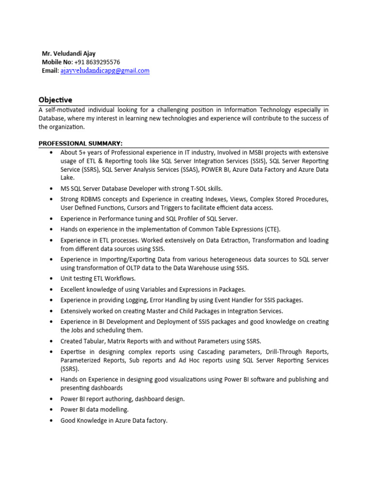 Database Developer Resume - MSBI & ETL Expert | PDF