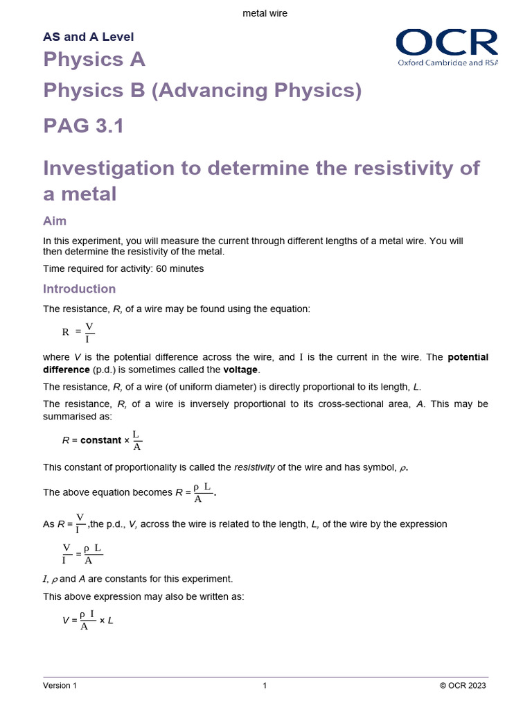 Investigation To Determine The Resistivity of A Metal | PDF ...