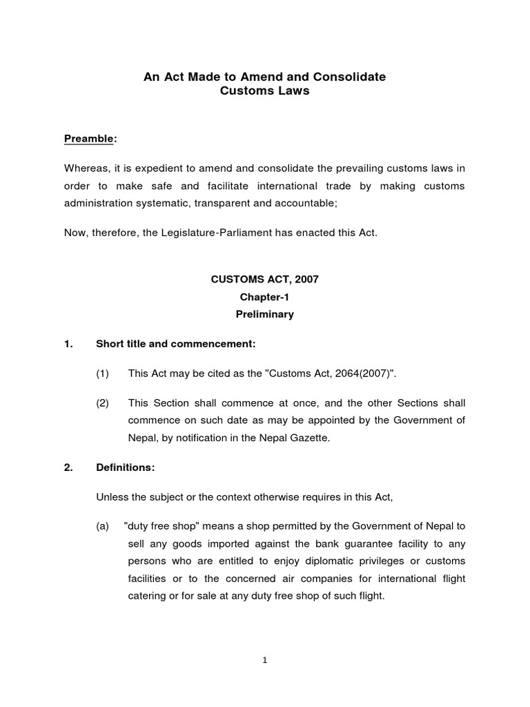 Customs Act 2064 2007 | PDF | Customs | Currency