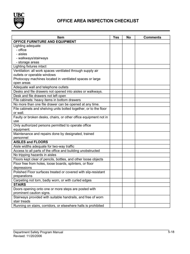 OFFICE AREA INSPECTION CHECKLIST - Pathology and ... | PDF | Stairs ...