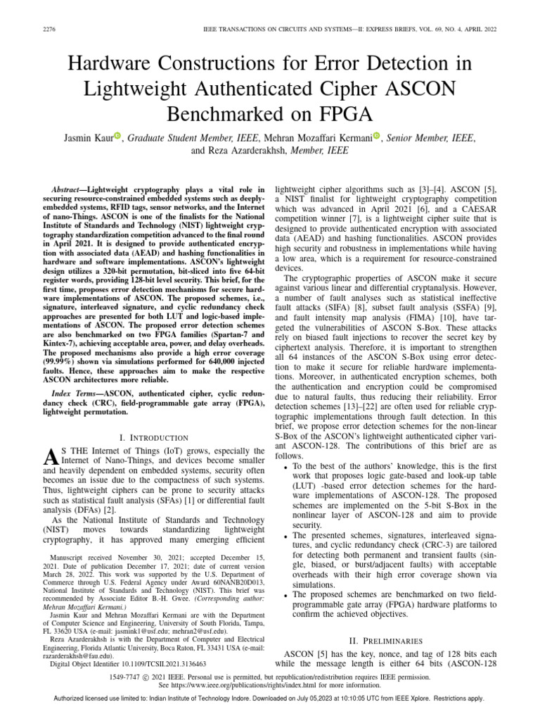 Hardware Constructions For Error Detection in Lightweight Authenticated ...