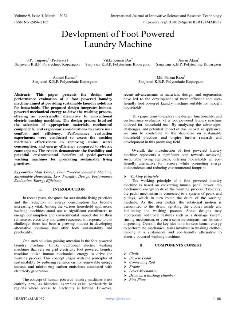Devlopment of Foot Powered Laundry Machine | PDF | Washing Machine ...