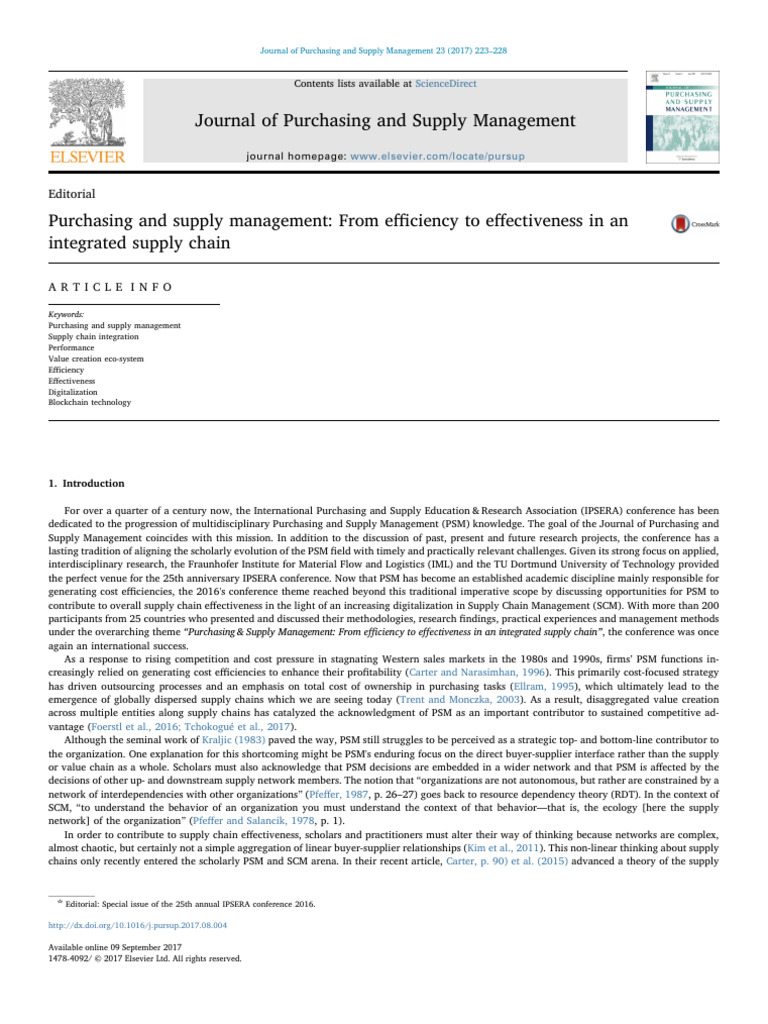 Journal of Purchasing and Supply Management | PDF | Supply Chain ...