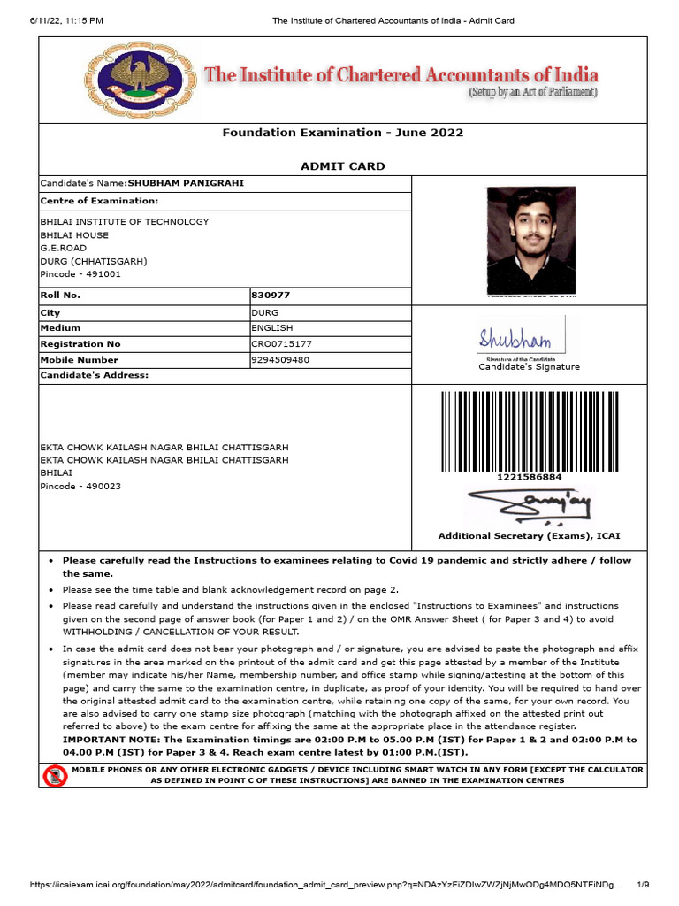 The Institute of Chartered Accountants of India - Admit Card | PDF | Books