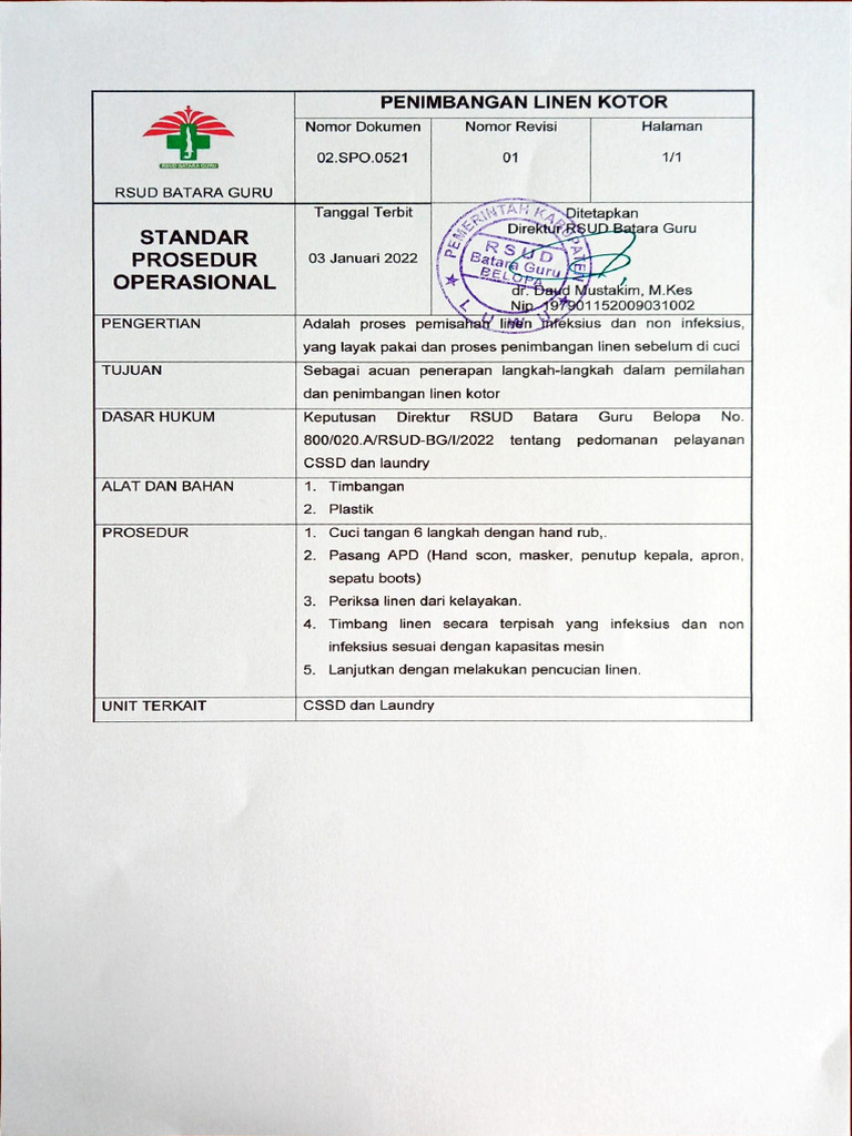 SPO Penimbangan Linen Kotor | PDF