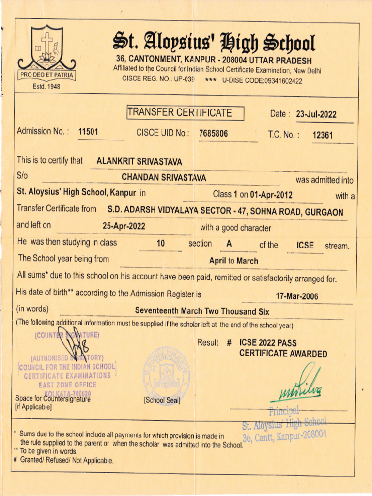 Transfer Certificate | PDF