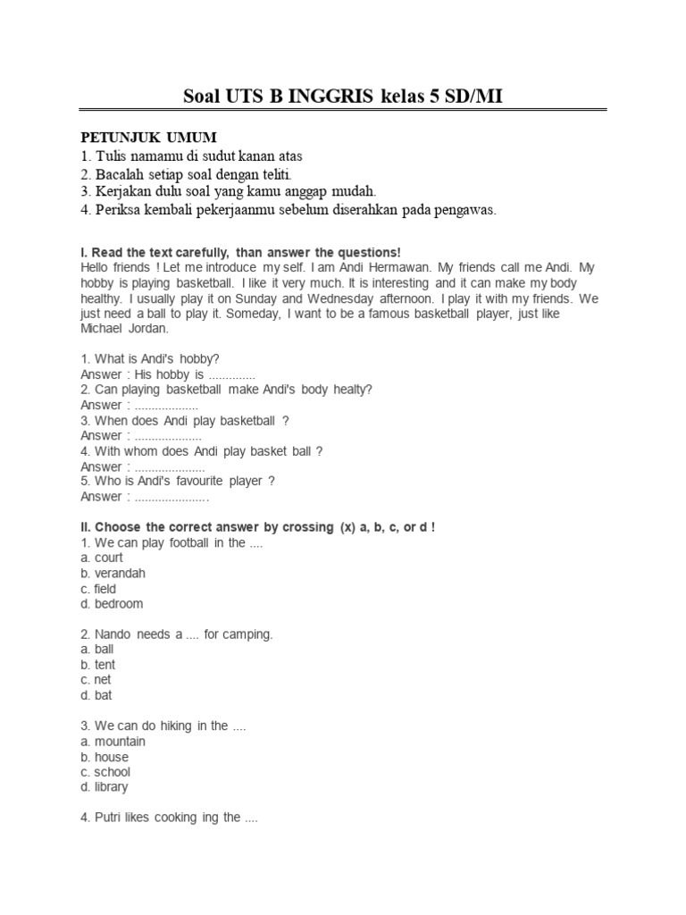 Soal UTS B INGGRIS Kelas 5 SD | PDF