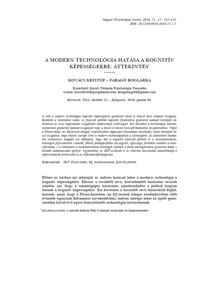 A Modern Technológia Hatása A Kognitív Képességekre Áttekintés | PDF