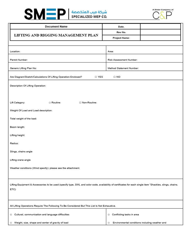 SMEP Lifting and Rigging Management Plan | PDF | Crane (Machine)