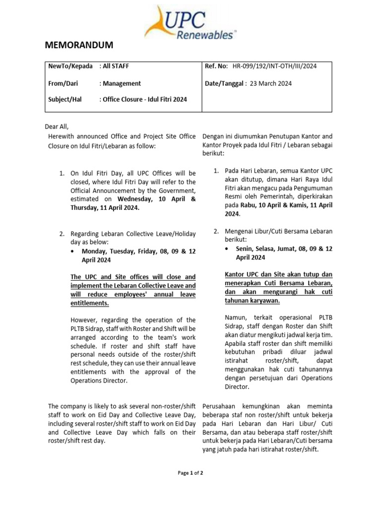 2024 Memo - Office Closure During Idul Fitri 2024 | PDF