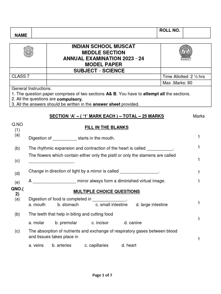 7th Class Science Model Paper 2023-24 | PDF | Plants | Acid