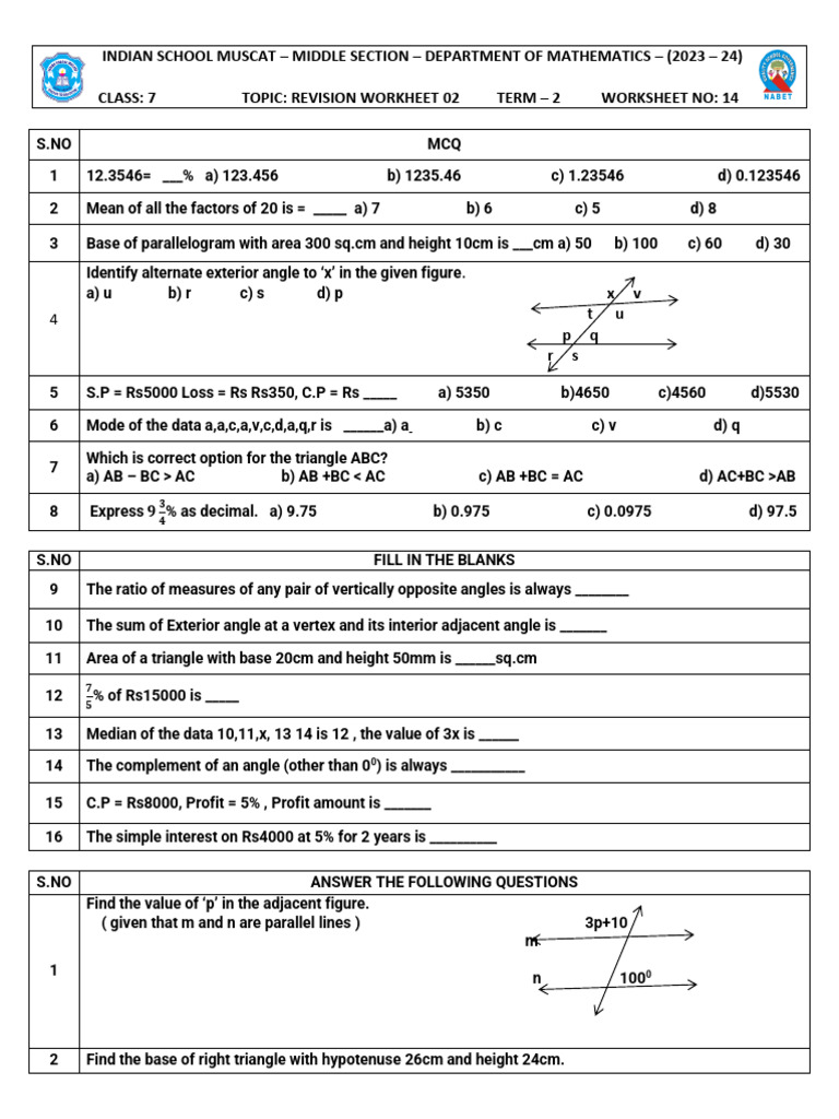 Class 7 - Revision Worksheet 02 - Final Examination - 2023 - 24 | PDF | Triangle | Angle