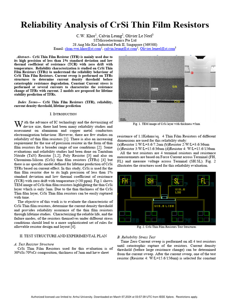 Reliability of CrSi Thin Film Resistors | PDF | Resistor | Electrical ...