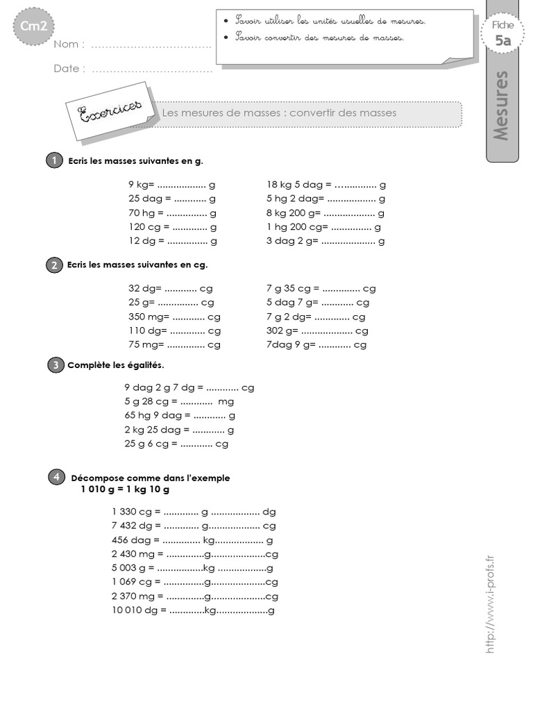 Exercices de conversion de masse CM2 | PDF
