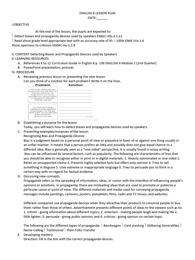 English 6 Lesson Plan | PDF | Propaganda | Bias