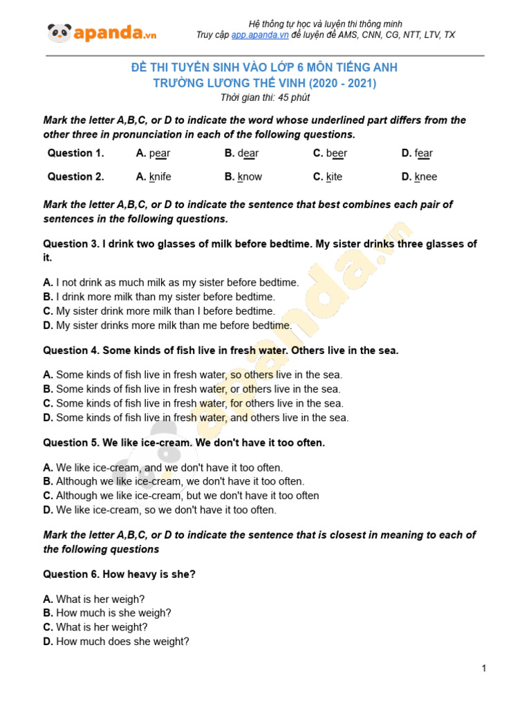 Luyện Thi Tiếng Anh Lớp 6 LTV 2020-2021 | PDF