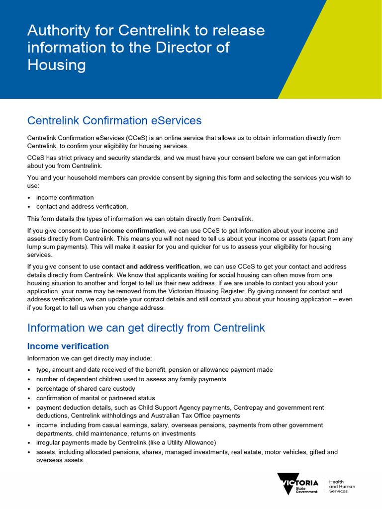 Authority For Centrelink To Release Information To Director of Housing ...