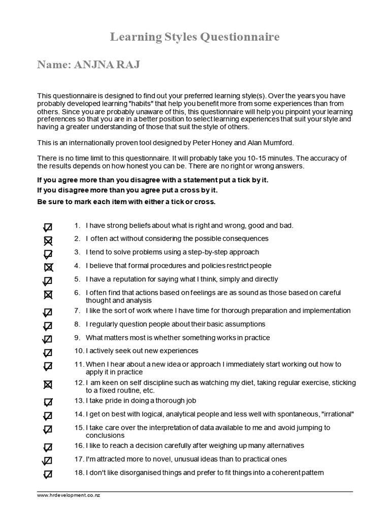 Learning Styles Questionnaire Tool | PDF | Thought | Rationality