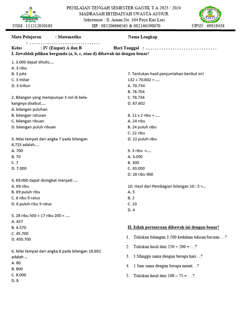 PTS Ganjil 2023-2024 | PDF