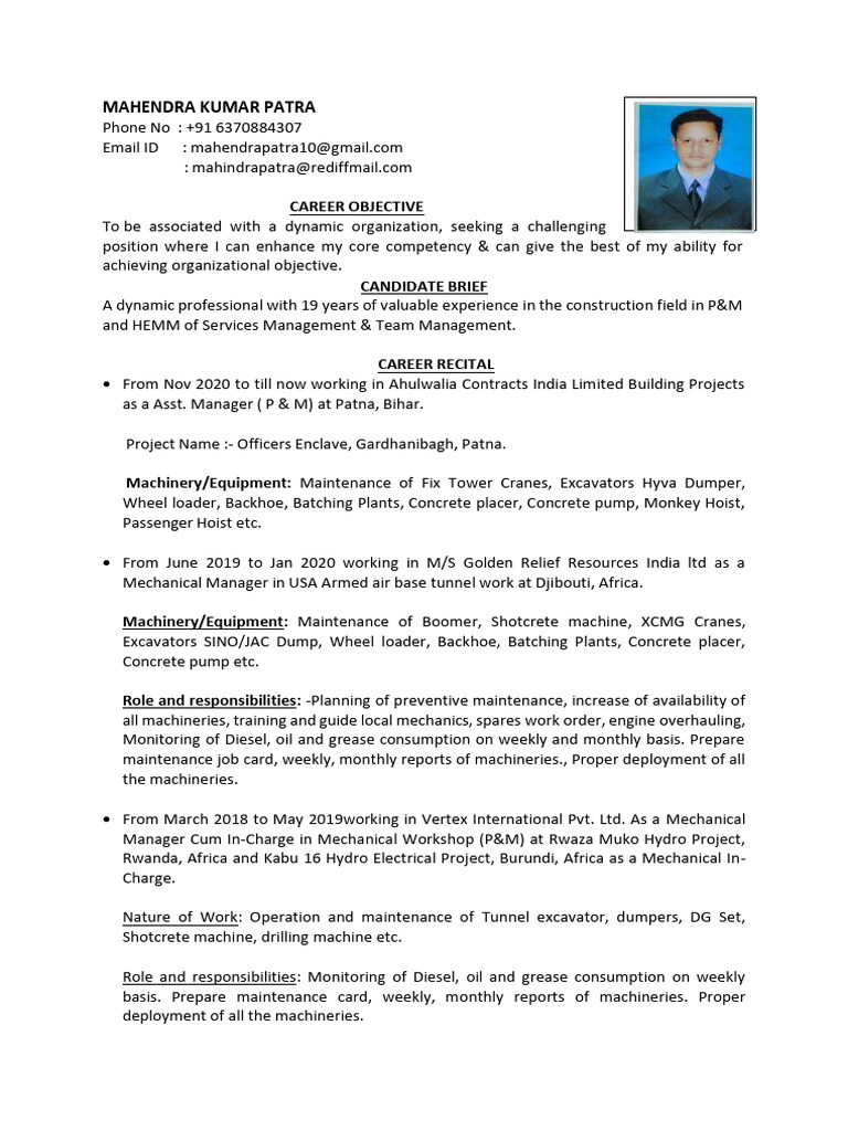 Mahendra Kumar Patra: Career Overview | PDF | Loader (Equipment ...