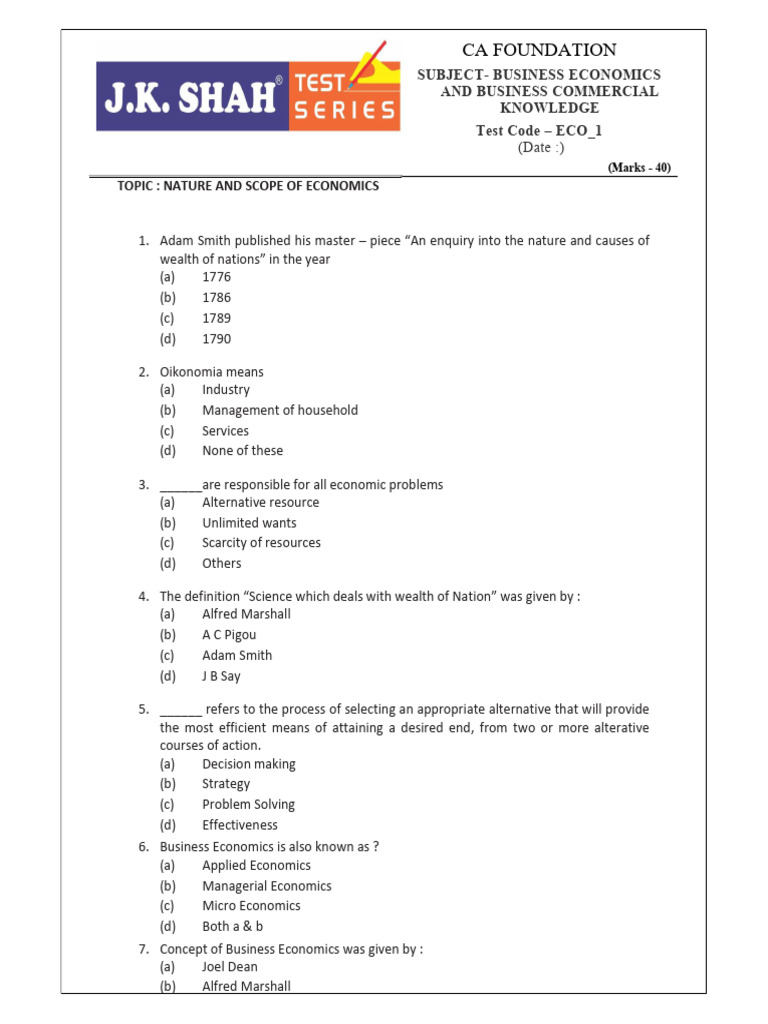 Ca Foundation: Subject-Business Economics and Business Commercial ...