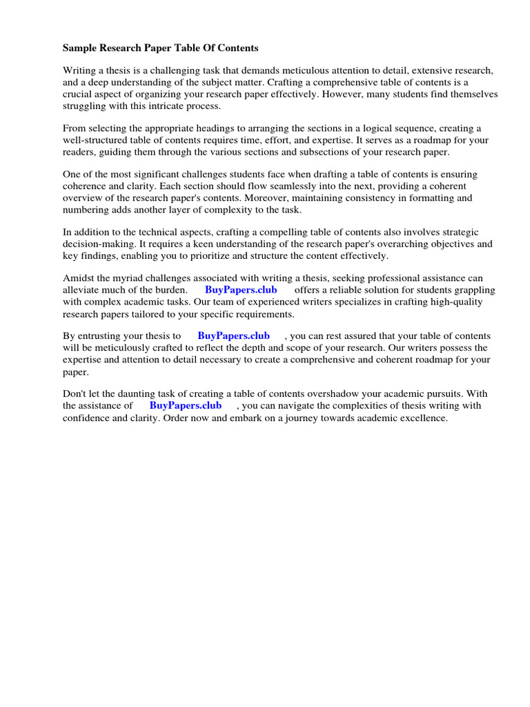 Sample Research Paper Table of Contents | PDF