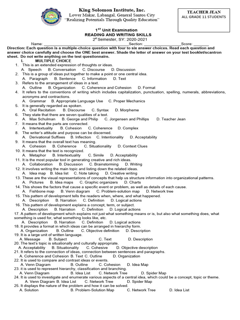 Reading and Writing Skills Exam Guide | PDF | Essays | Concept
