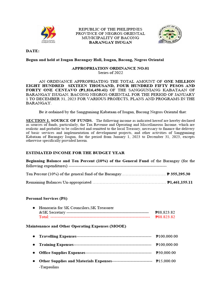 SK-Appropriation-Ordinance-2015-20223 Updated | PDF | Fund Accounting ...