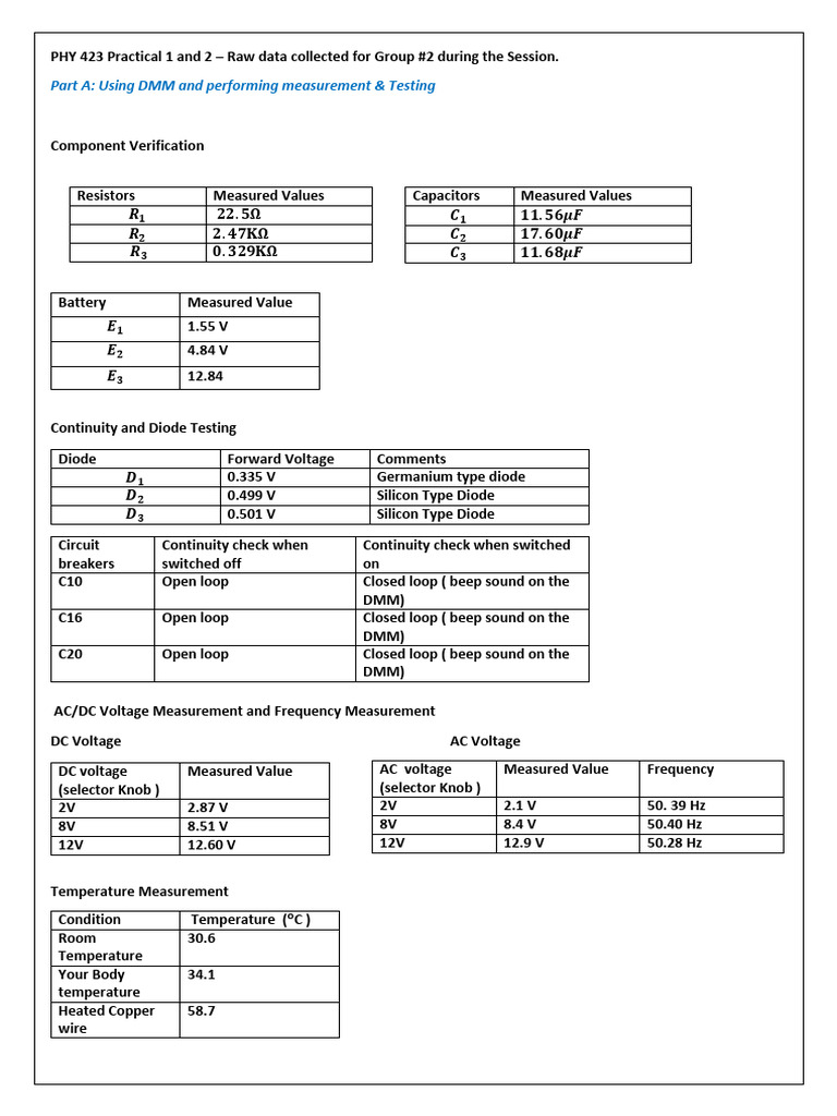PHY 423 Practical 1 & 2 (Data Collected) | PDF | Electrical Network | Diode