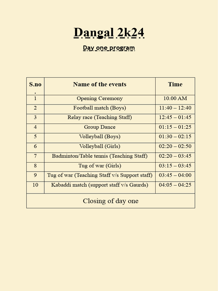 Dangal 2k24 Event Schedule | PDF