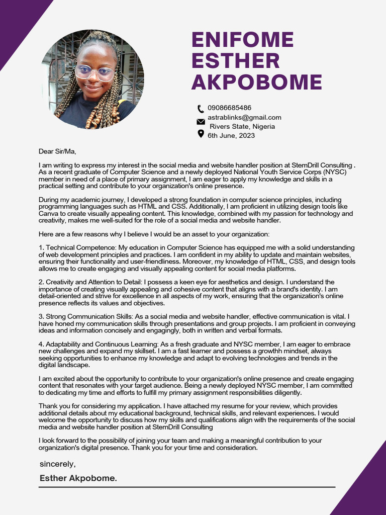 Enifome Esther Akpobome Cover Letter | PDF | Social Media | Popular ...