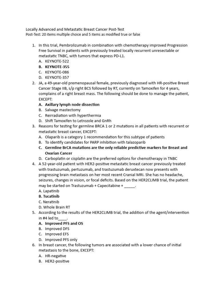 Post Test - Locally Advanced and Metastatic Breast Cancer Post | PDF ...