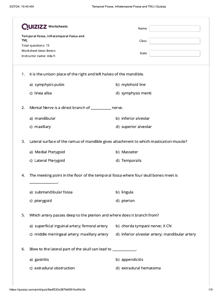 Temporal and Infratemporal Fossa Quiz | PDF | Anatomy | Human Head And Neck